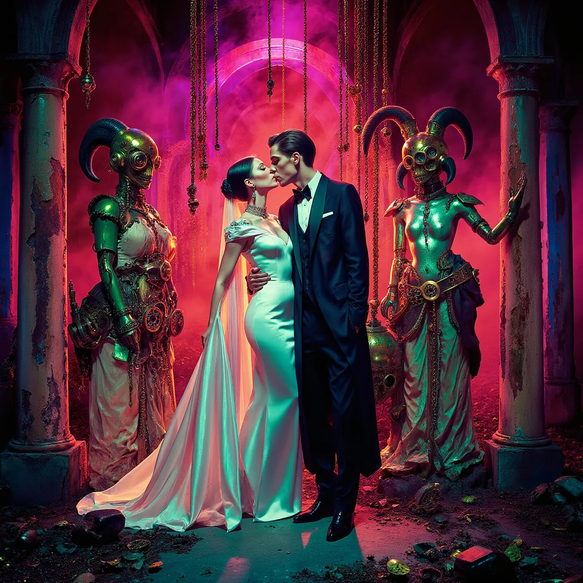 Steampunk Wedding Couple amid Demonic Statues - AI Image Gallery | Diffus