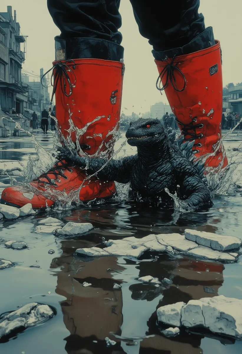 Godzilla in Puddle Near Red Rubber Boots - AI Image Gallery | Diffus