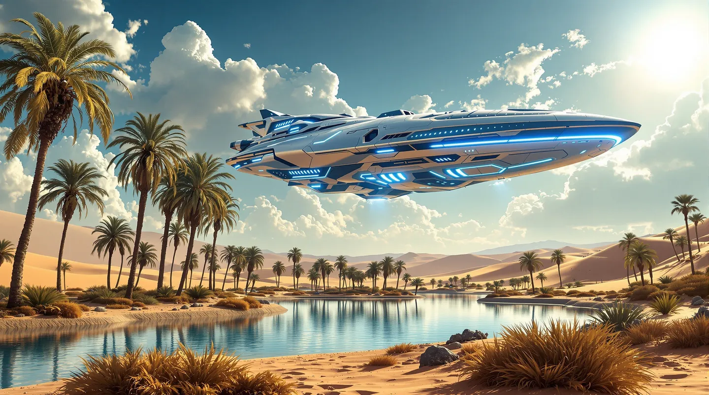 Alien Spaceship Hovering Over Desert Oasis in HDR - AI Image Gallery | Diffus