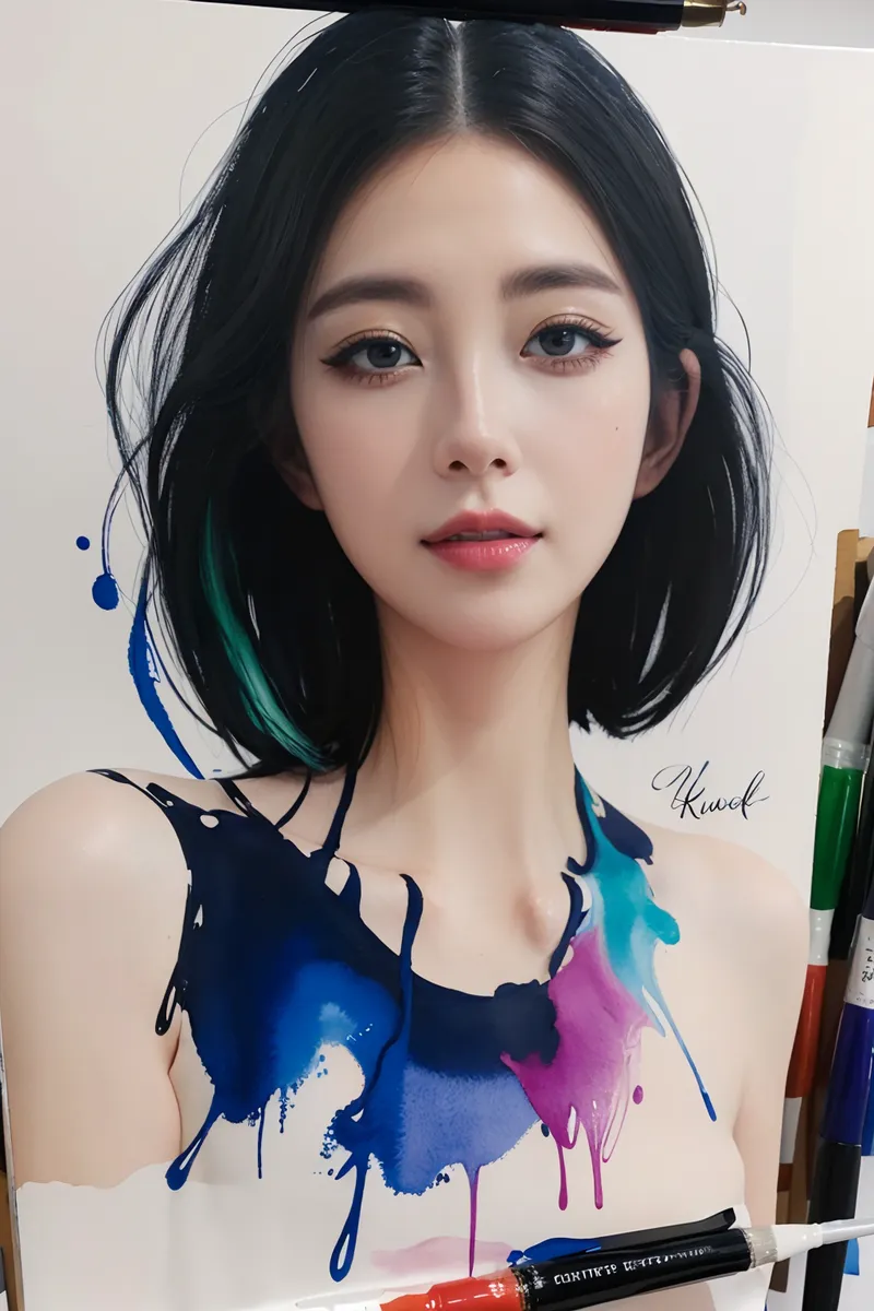 Photorealistic Female Portrait with Fluid Gouache Splash - AI Image Gallery | Diffus