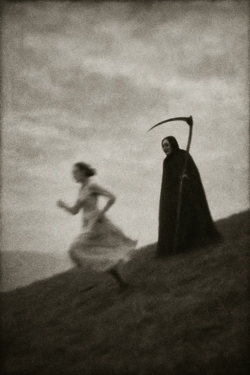 Grim Reaper Chasing Woman Uphill in Black and White - AI Image Gallery ...