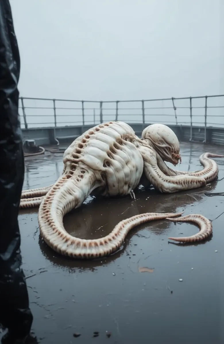 Grotesque Alien Creature on Wet Metallic Deck - AI Image Gallery | Diffus