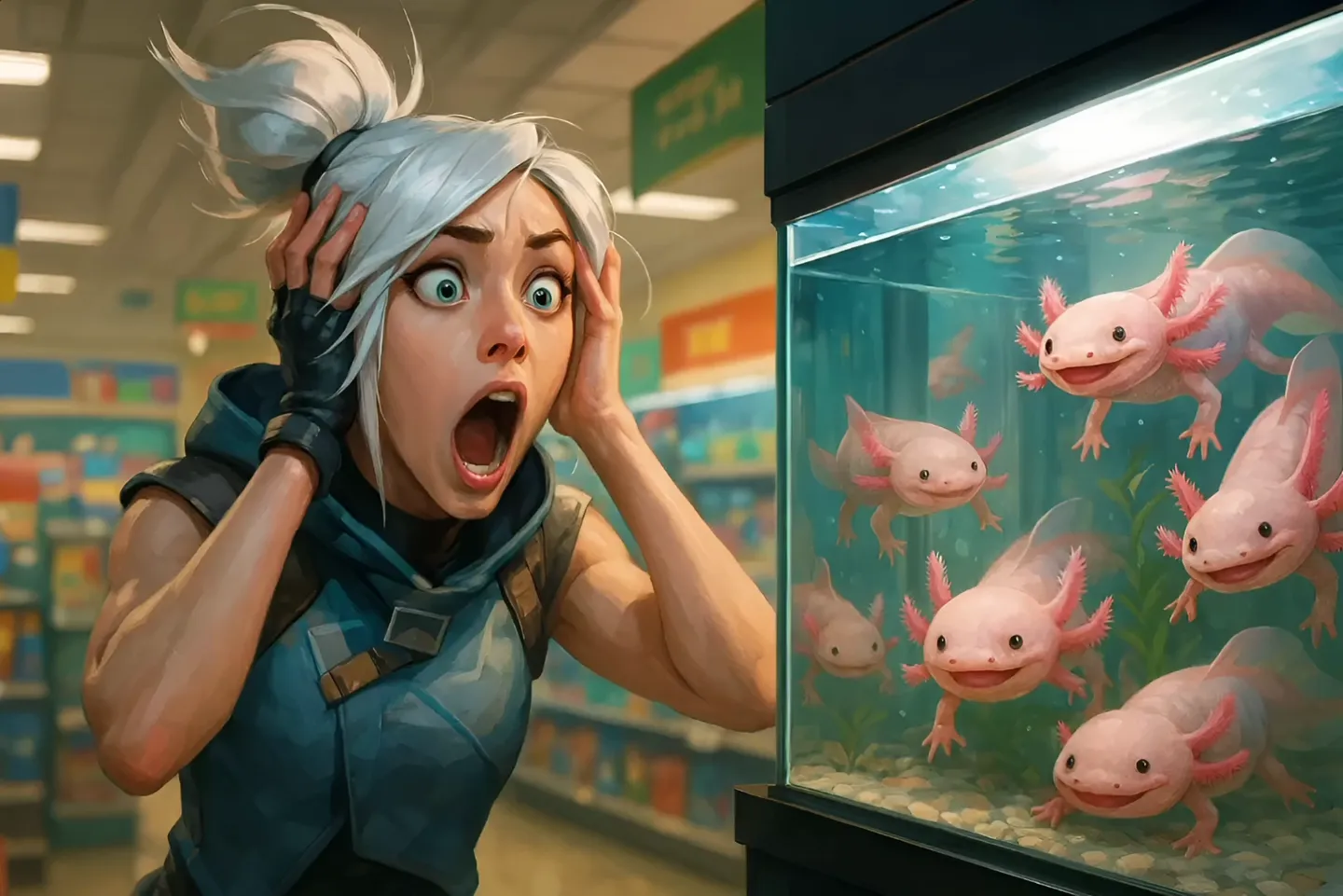 Axolotls Delight Woman in Disbelief at Aquarium - AI Image Gallery | Diffus