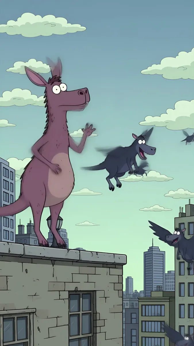 Cartoon Kangaroo and Flying Dogs on City Rooftop - AI Image Gallery ...
