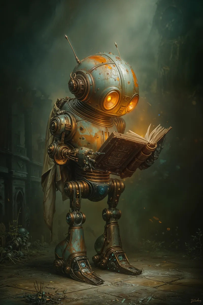 Steampunk Robot Reading Rune-Lit Tome in Gothic Ruins - AI Image ...
