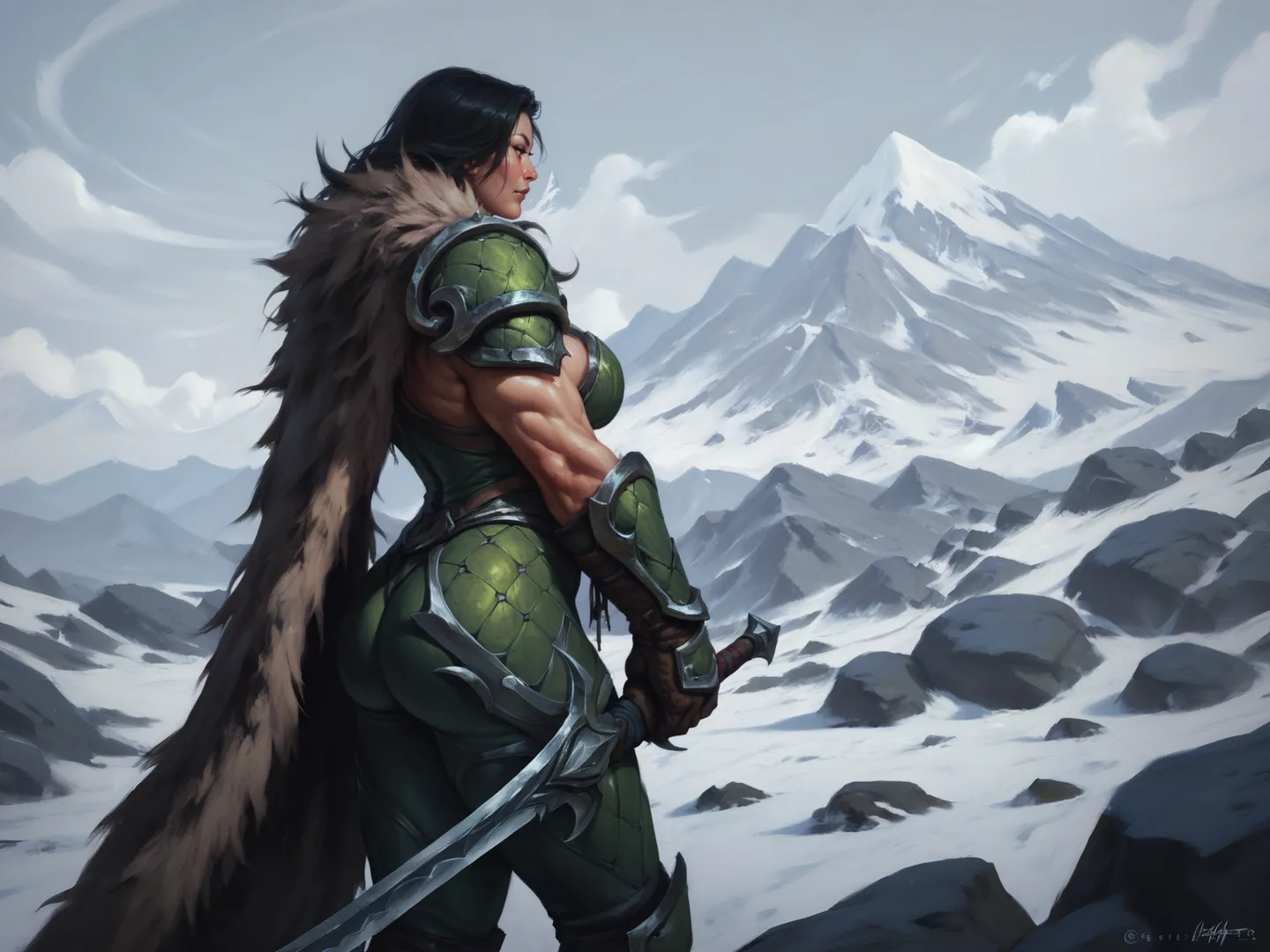 Muscular Female Warrior in Green Armor on Mountain - AI Image Gallery ...