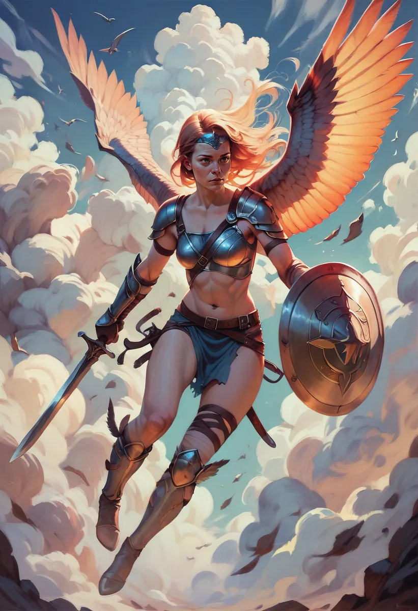 Valkyrie Warrior Flying with Sword and Shield - AI Image Gallery | Diffus
