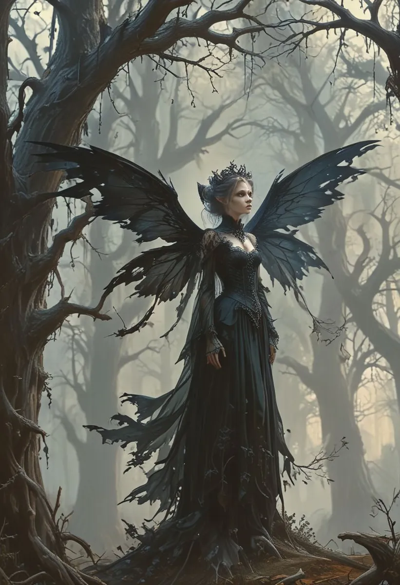 Gothic Fairy Queen with Regal Wings in Dark Forest - AI Image Gallery | Diffus