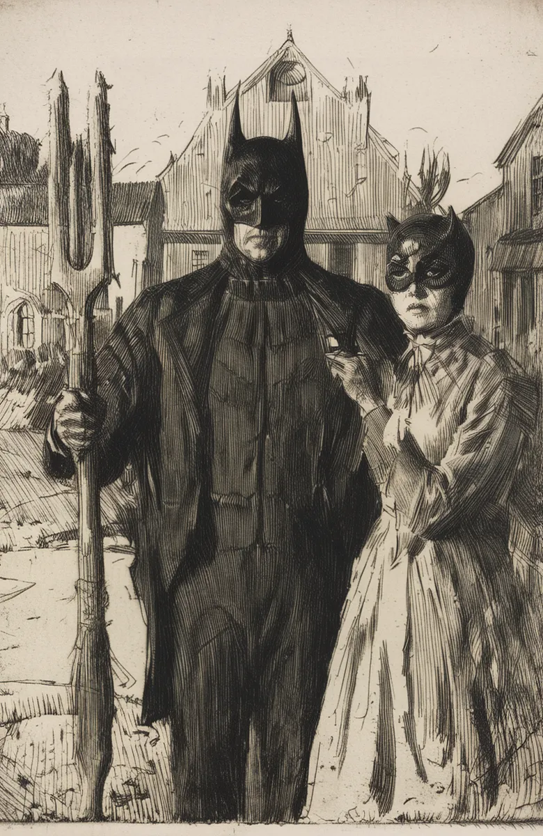 Batman and Catwoman in American Gothic Etching - AI Image Gallery | Diffus