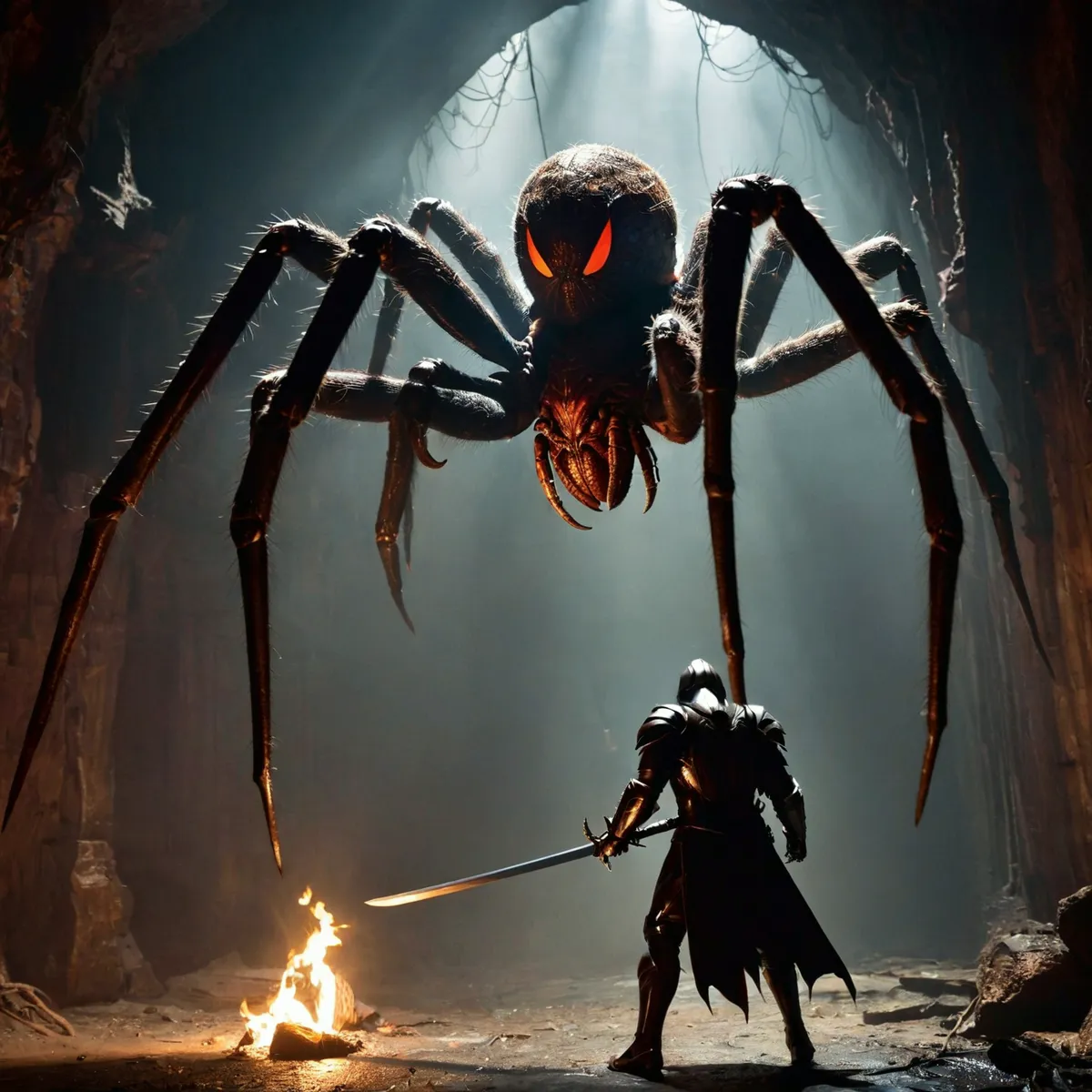 Knight Facing Giant Spider in Dark Cavern - AI Image Gallery | Diffus