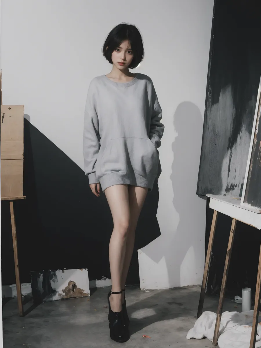 Pixie Cut Girl Modeling in Artist Atelier - AI Image Gallery | Diffus