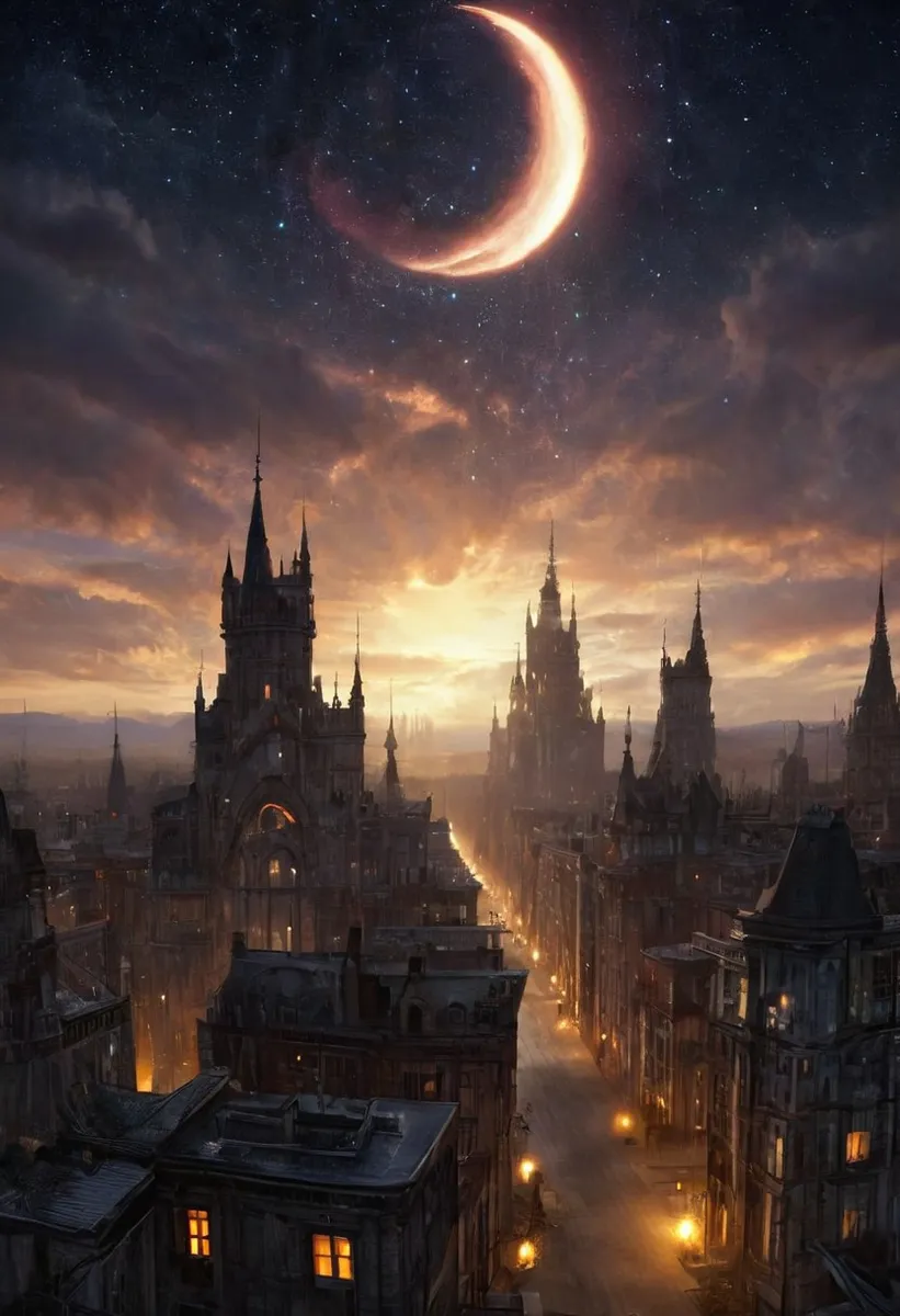 Gothic Cityscape Under Crescent Moon Twilight - AI Image Gallery | Diffus