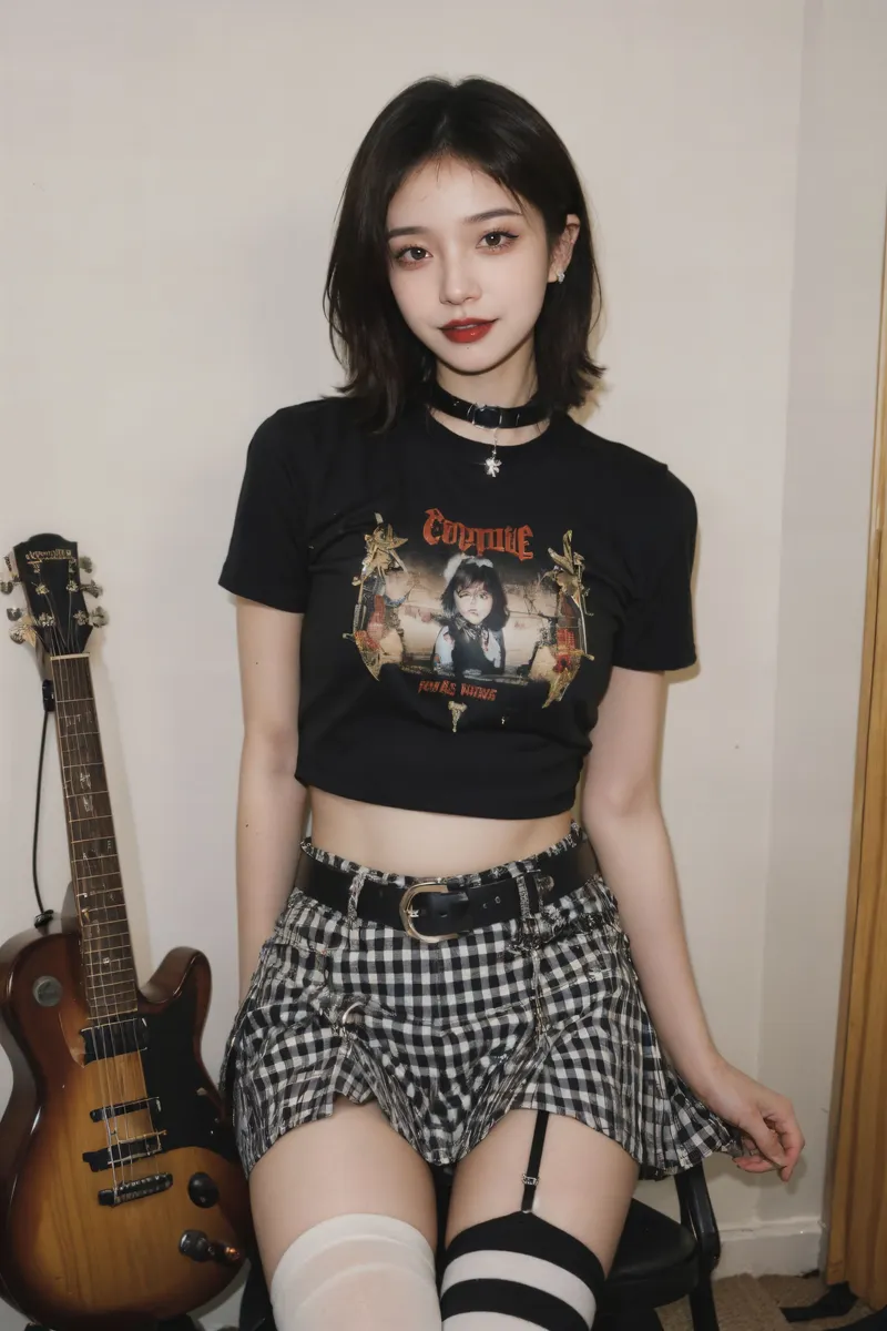 Punk Fashion Girl with Black Lips and Checkered Skirt - AI Image Gallery | Diffus