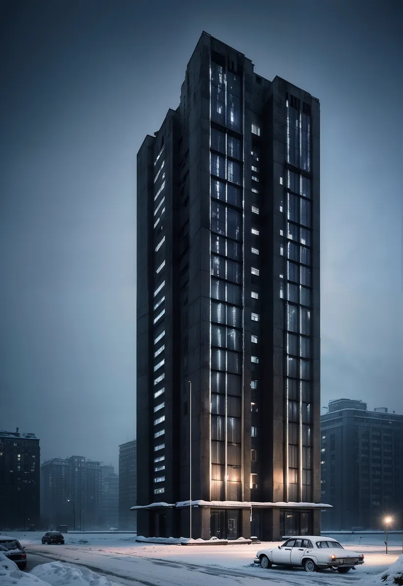 Soviet Skyscraper in Futuristic Snowy Night - AI Image Gallery | Diffus