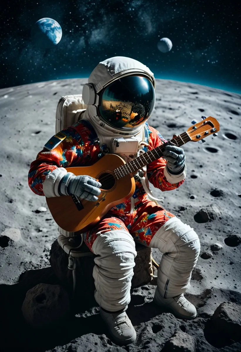 Astronauta com Camisa Havaiana Tocando Ukulele na Lua - Galeria de Imagens AI | Diffus