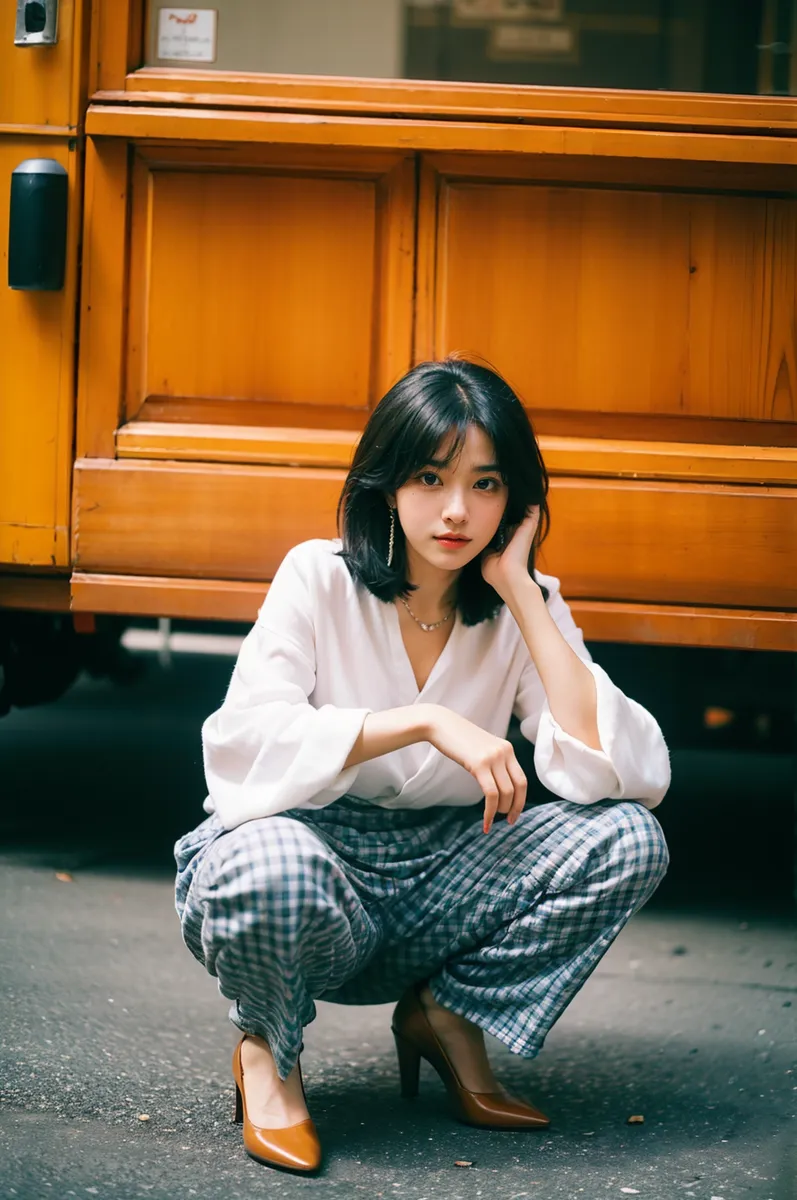 Woman in Checkered Pants Crouching on Street - AI Image Gallery | Diffus