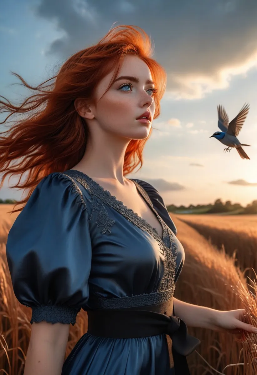 Joven de cabello rojo con vestido azul al atardecer - Galería de imágenes AI | Diffus