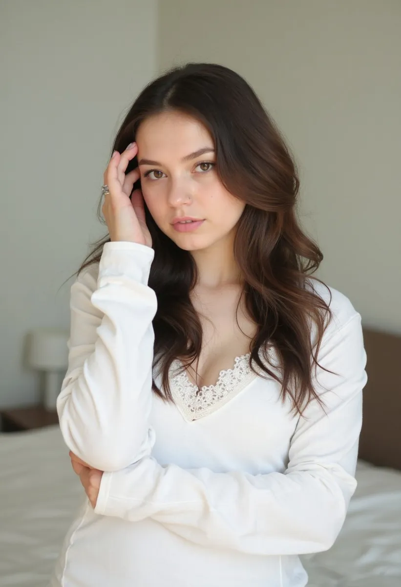 Young Woman Portrait in White Long-Sleeved Top - AI Image Gallery | Diffus