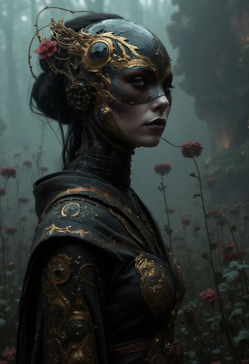 Cyborg Geisha with Carbon Fiber Mask in Dark Sci-Fi Swamp - AI Image ...