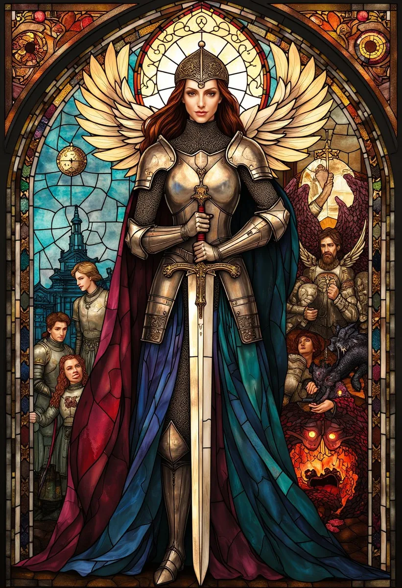 Female Knight in Stained Glass Armor with Sword - AI Image Gallery | Diffus