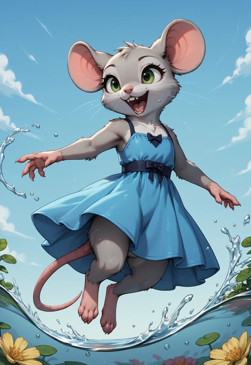 Furry Mouse Girl Jumping in Blue Summer Dress - AI Image Gallery | Diffus