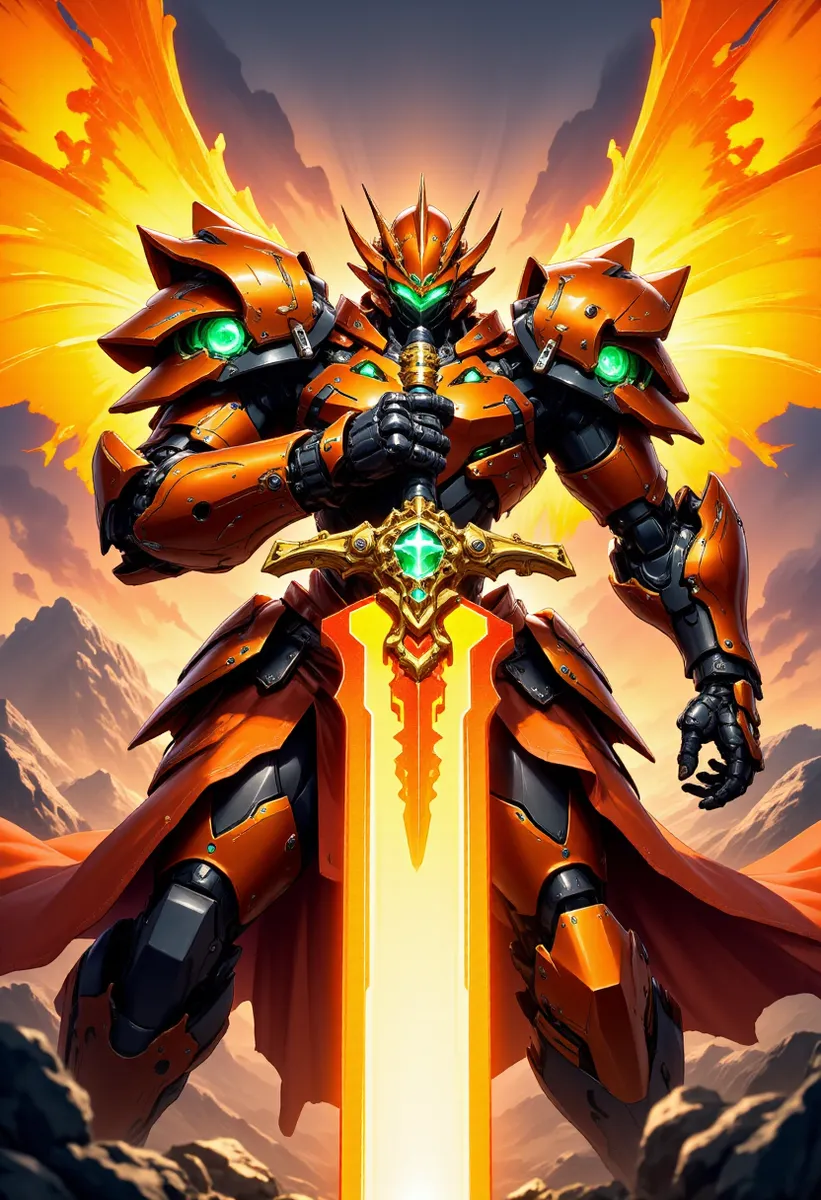 Mecha Knight in Orange Armor with Glowing Wings - AI Image Gallery | Diffus
