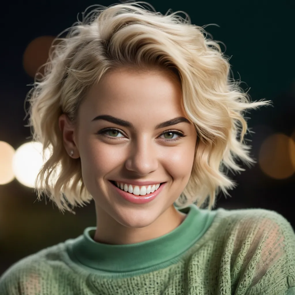 Laughing Woman with Blonde Pixie Cut in Sheer Green - AI Image Gallery ...