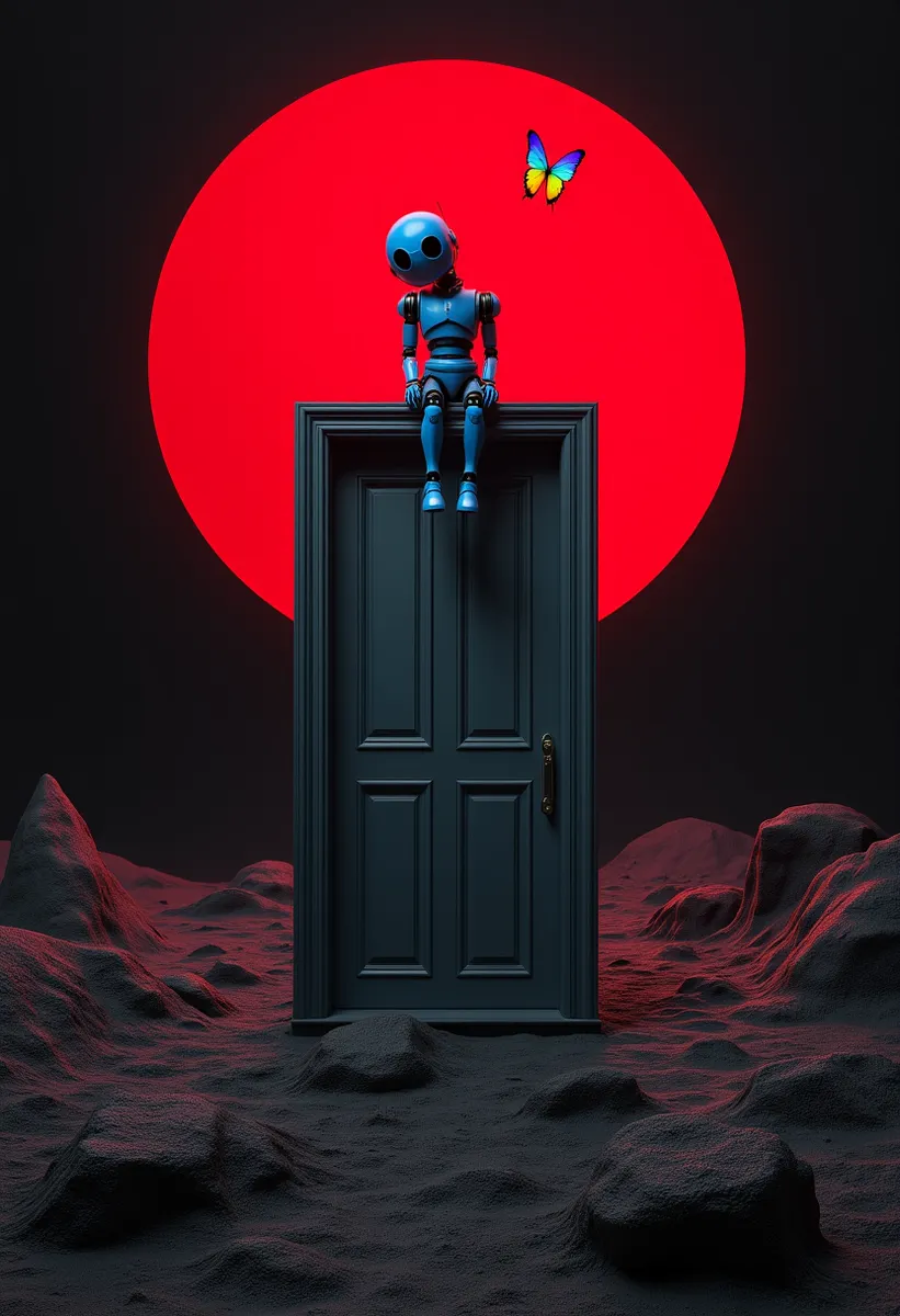 Blue Robot on Floating Door with Rainbow Butterfly - AI Image Gallery ...