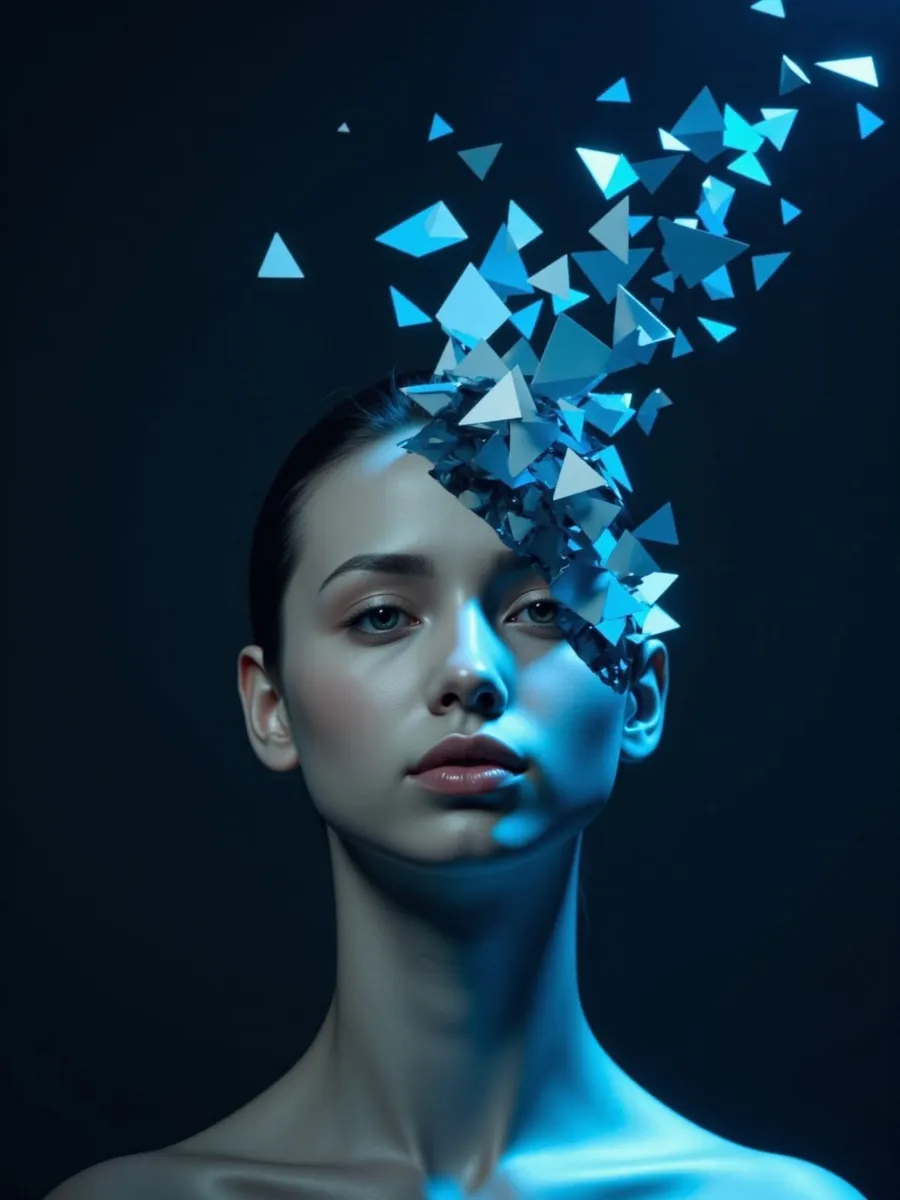 3D Cinematic Disintegrating Face with Blue Shards - AI Image Gallery ...