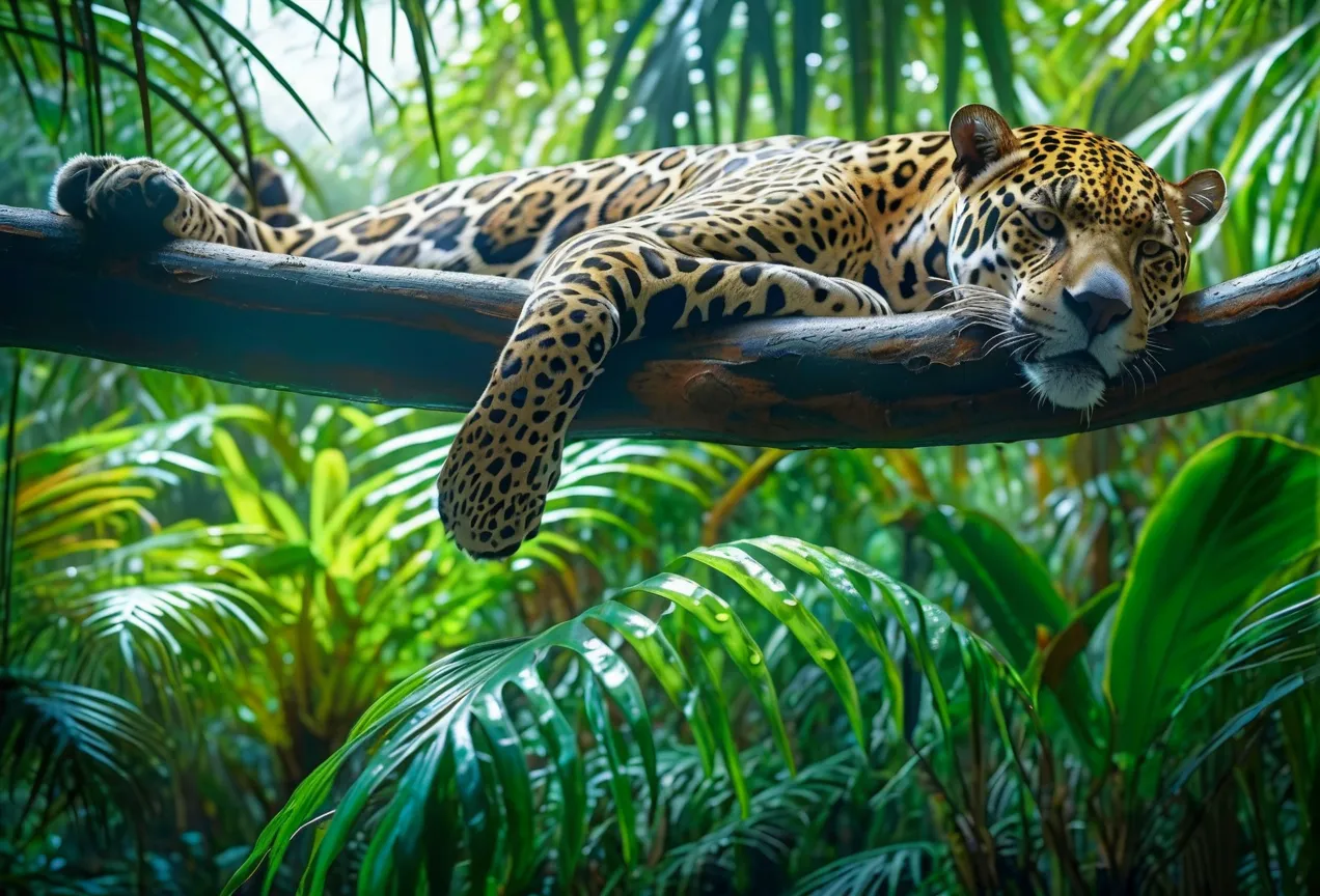 Giaguaro che riposa su un ramo in una giungla rigogliosa - Galleria di immagini AI | Diffus