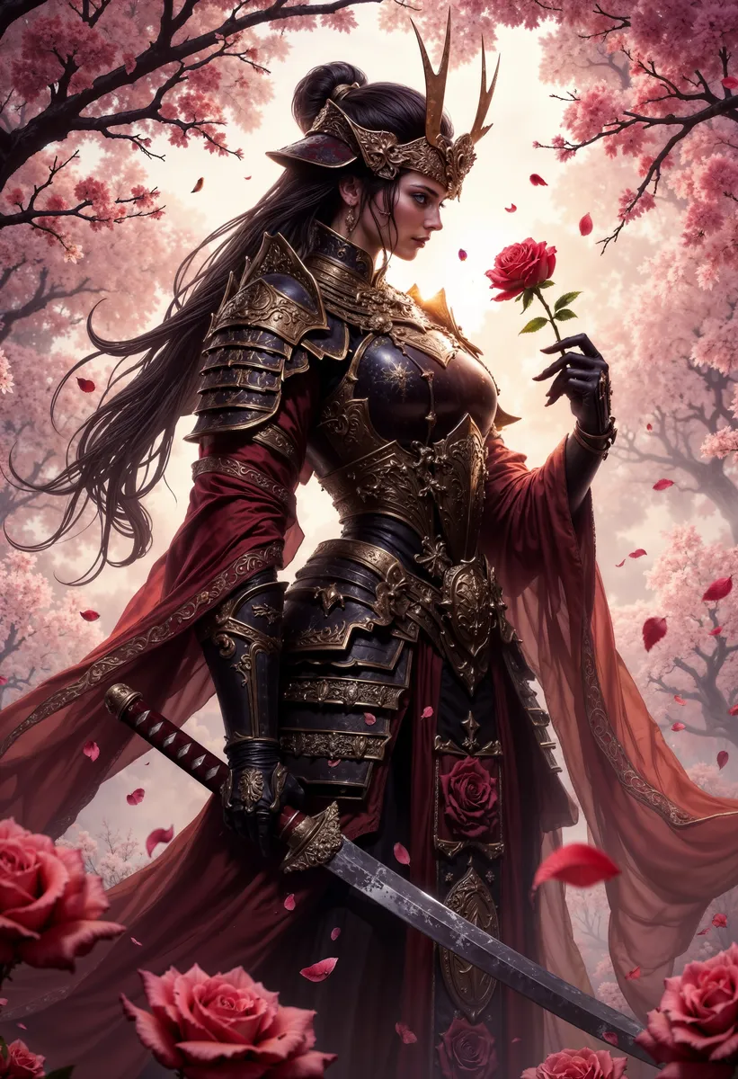 Female Ronin in Ornate Samurai Armor with Rose - AI Image Gallery | Diffus