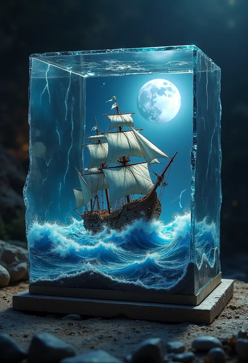Glass Cube Sculpture with Pirate Ship in Storm - AI Image Gallery | Diffus
