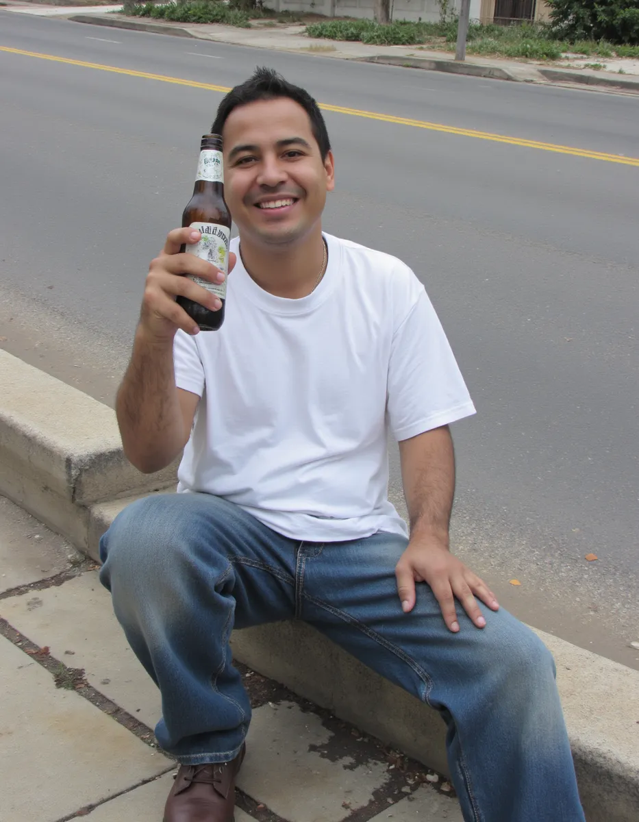 Mexican Worker Smiling with Beer on Curb - AI Image Gallery | Diffus