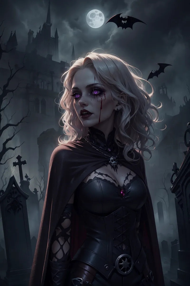 Vampire Woman with Purple Eyes in Gothic Cemetery - AI Image Gallery | Diffus