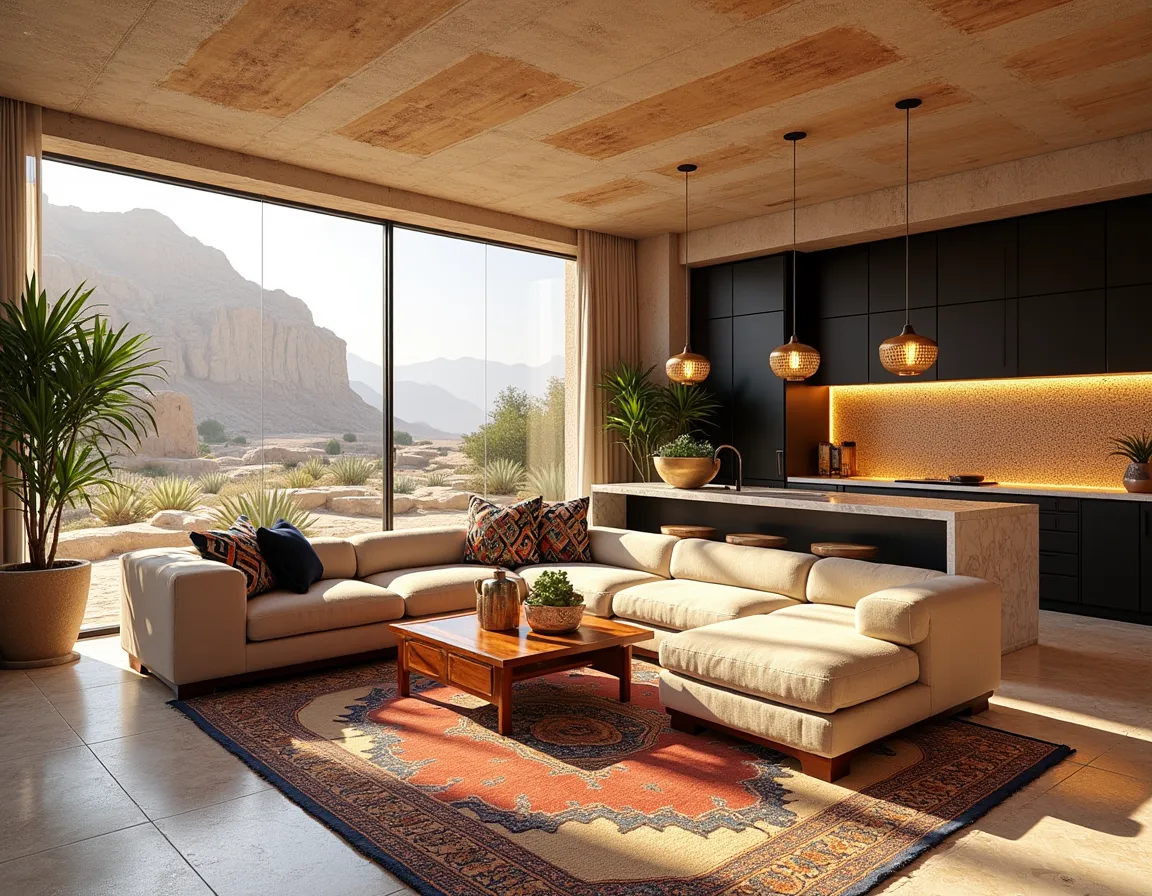 Arabic Living Room with Desert View and Modern Kitchen - AI Image ...