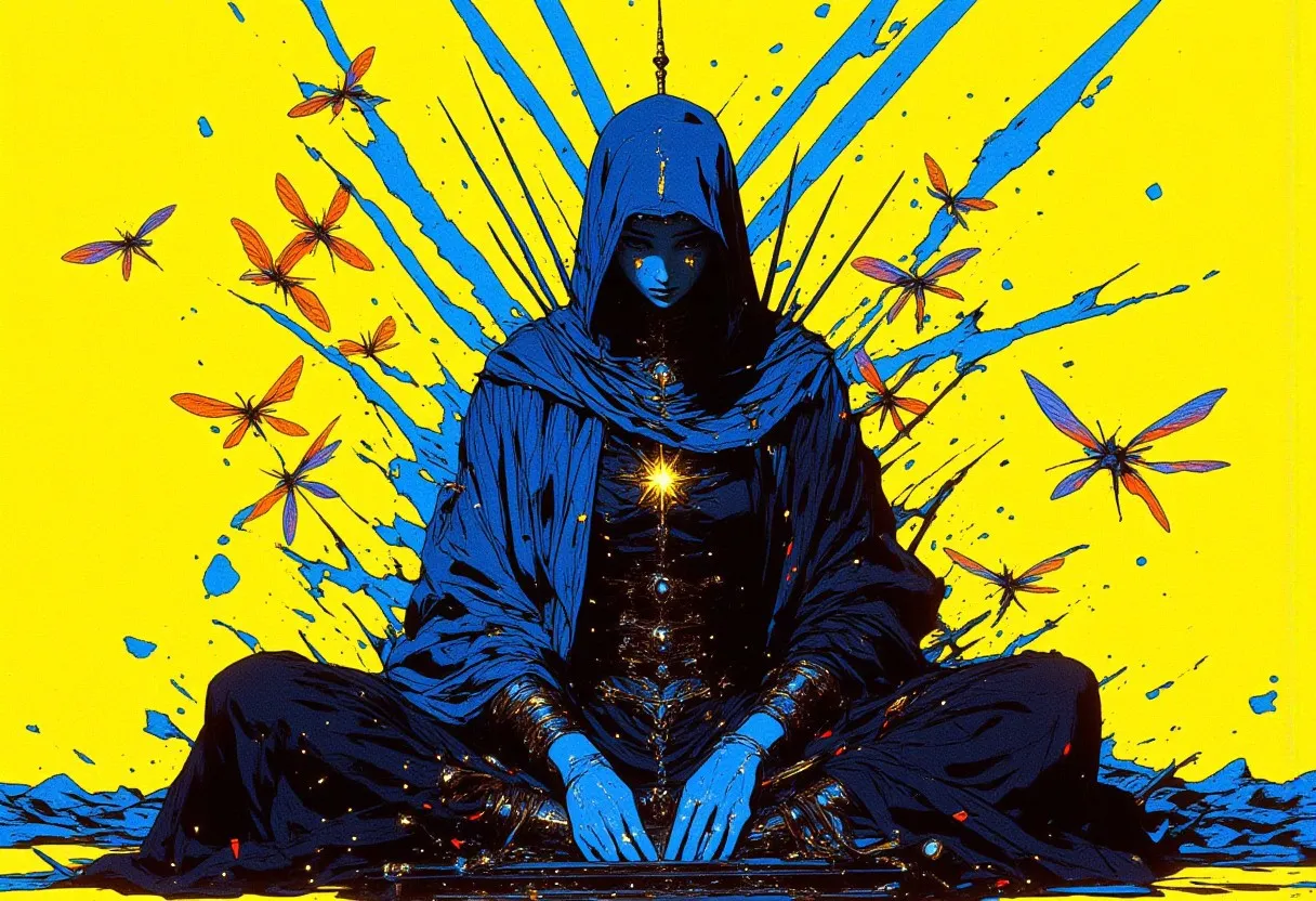 Figura Oscura con Capucha y Capa Azul con Libélulas Iluminadas ...