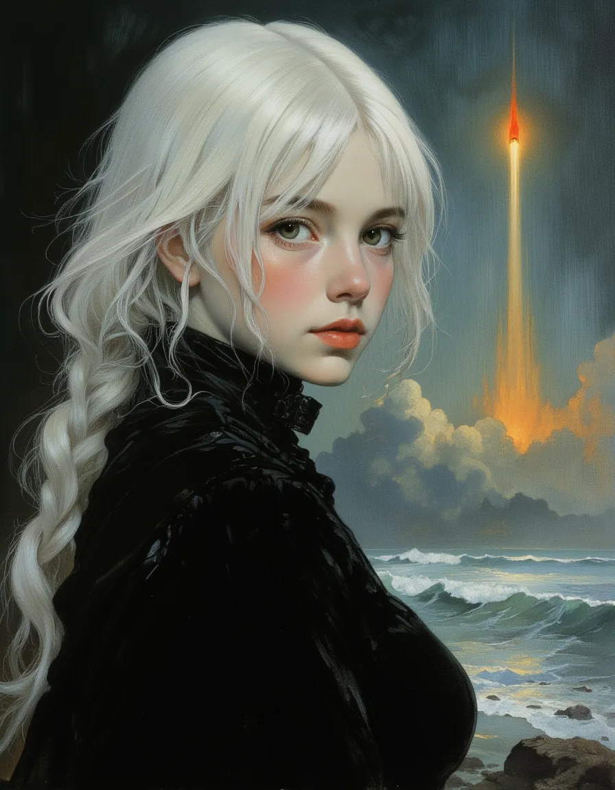 Albino Girl in Futuristic Dress with Spaceship Launch - AI Image ...