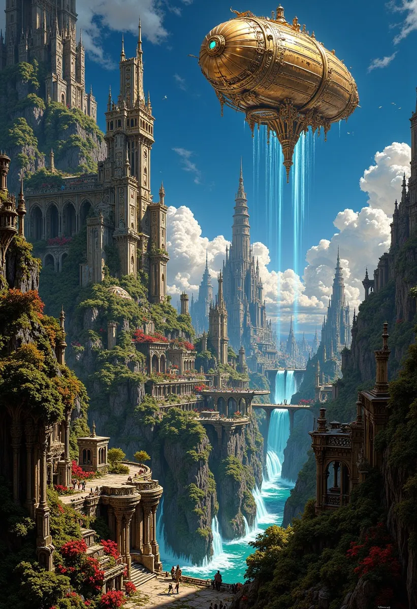 Aetherpunk Cityscape with Airship and Waterfalls | Diffus