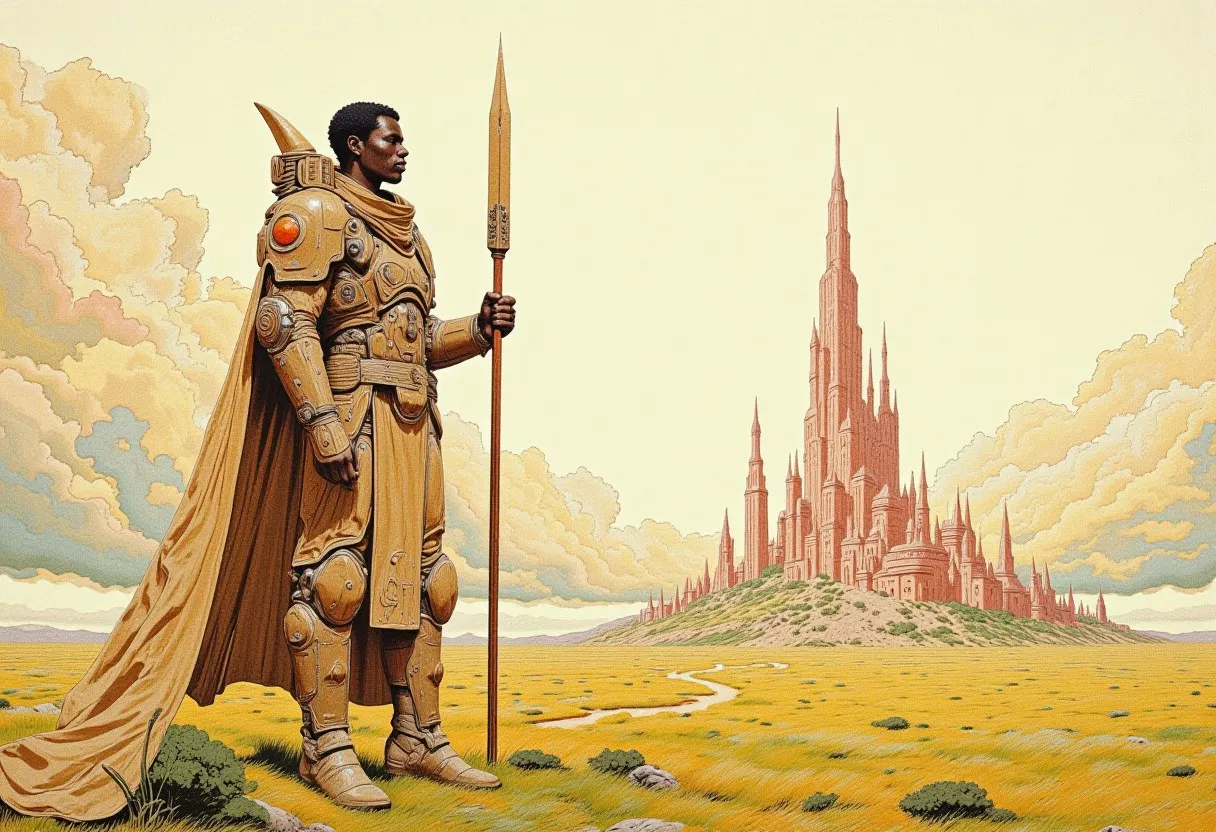 African Space Guard on Vast Plain with Futuristic City - AI Image ...