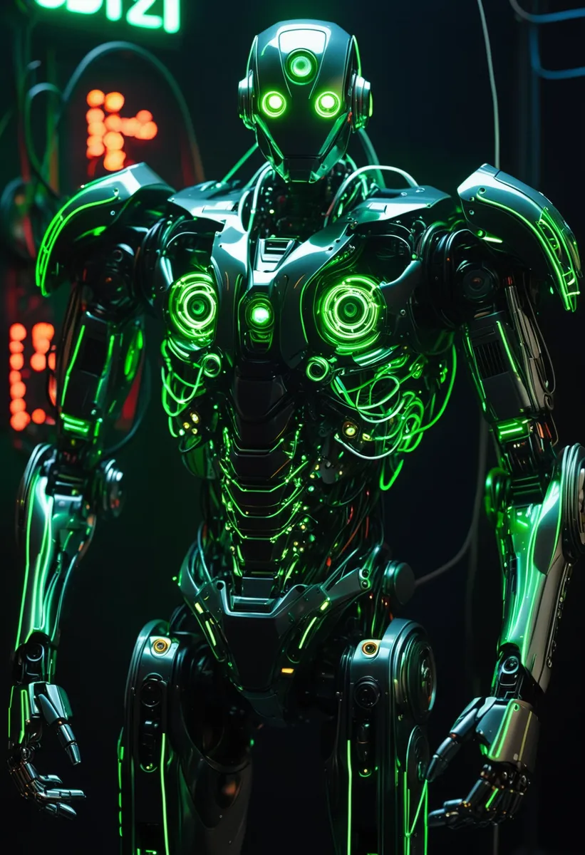 Robot with Neon LED Eyes and Metallic Body - AI Image Gallery | Diffus