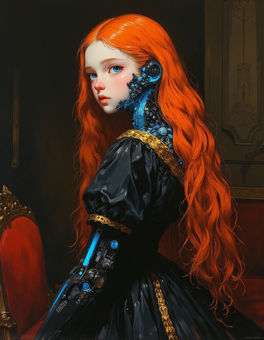 Android girl with red hair in Victorian dress - AI Image Gallery | Diffus