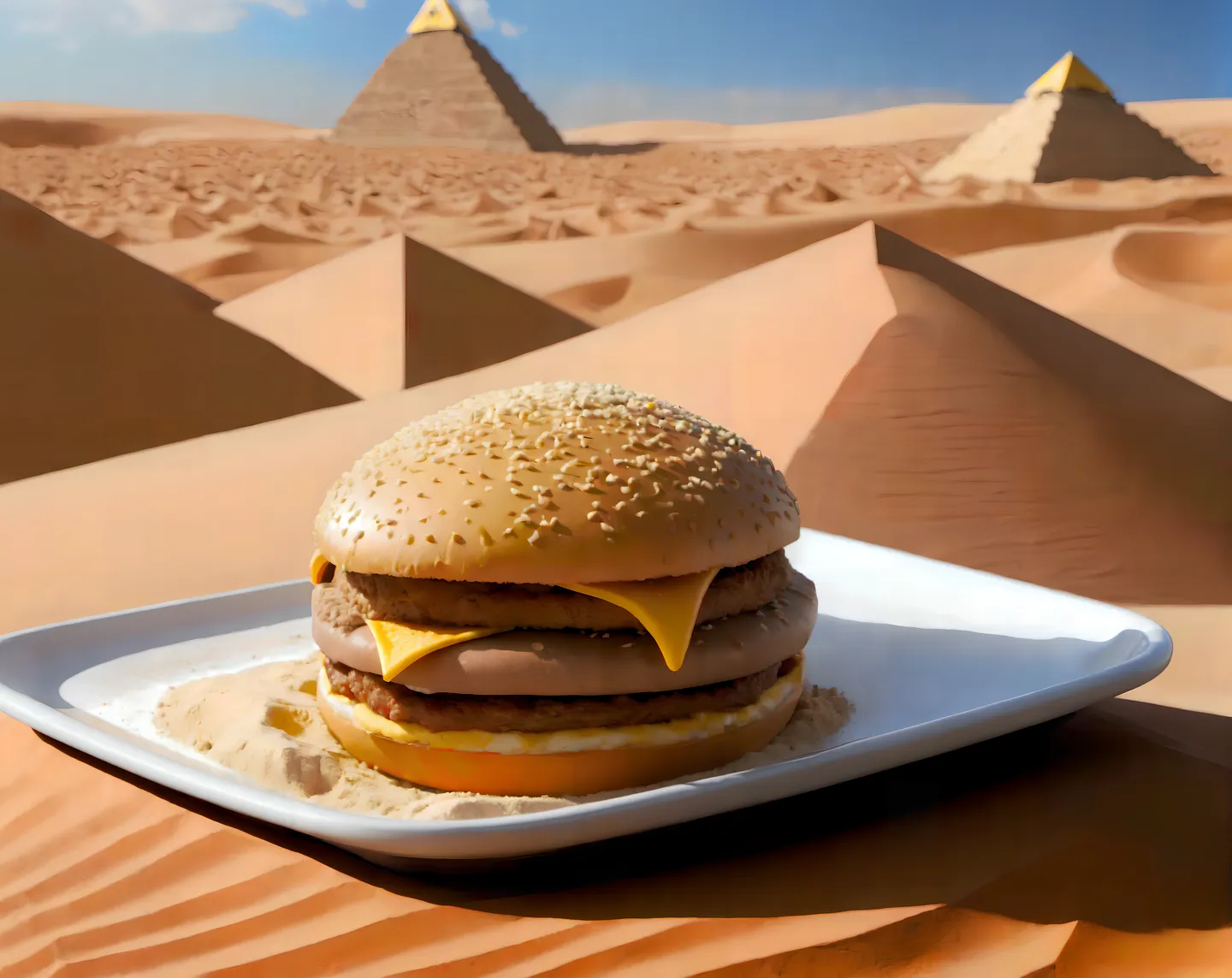 Burger in Desert with Sand Dunes and Pyramids - AI Image Gallery | Diffus