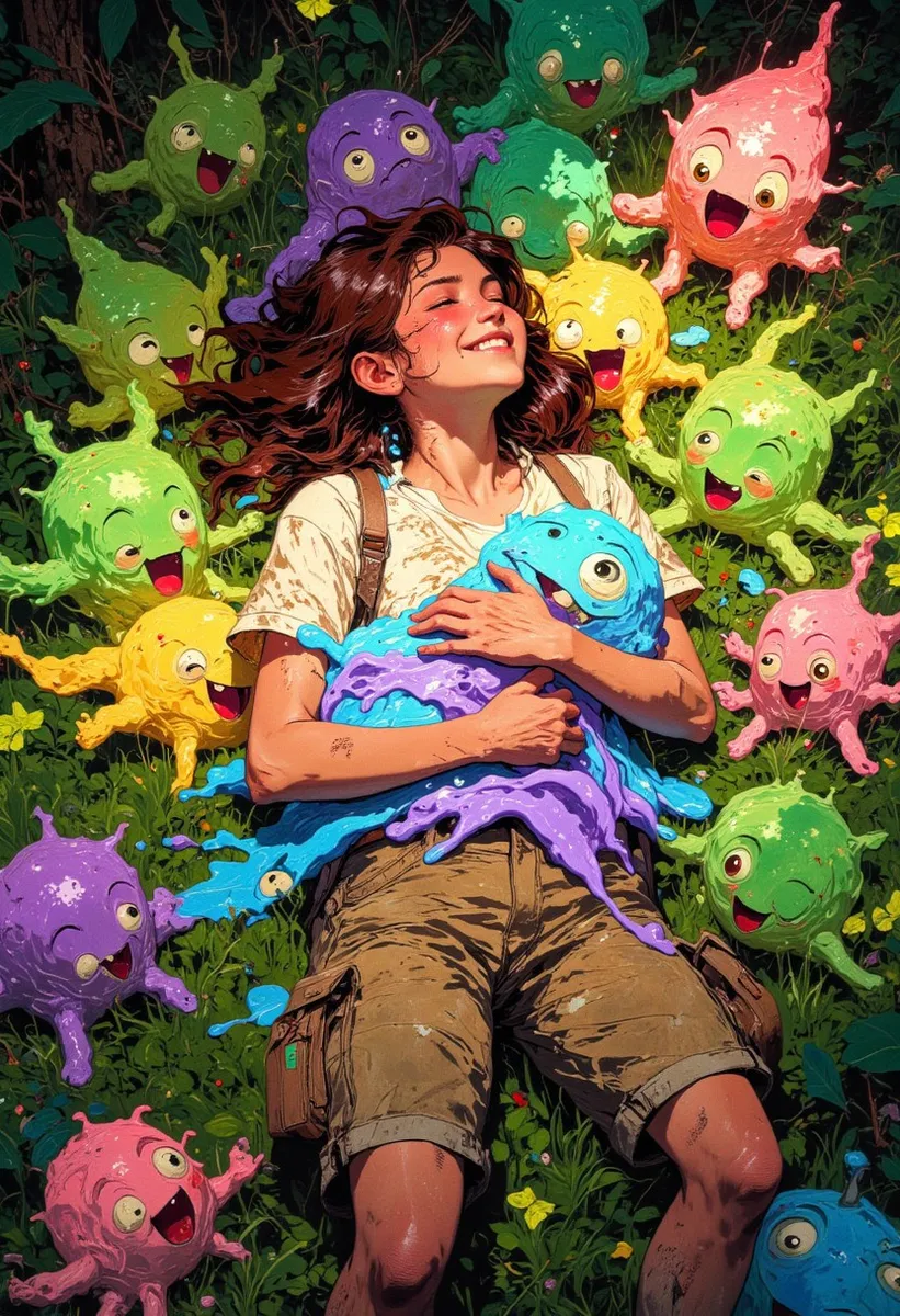 Slime Monsters Surround Adventurous Traveler in Meadow - AI Image ...