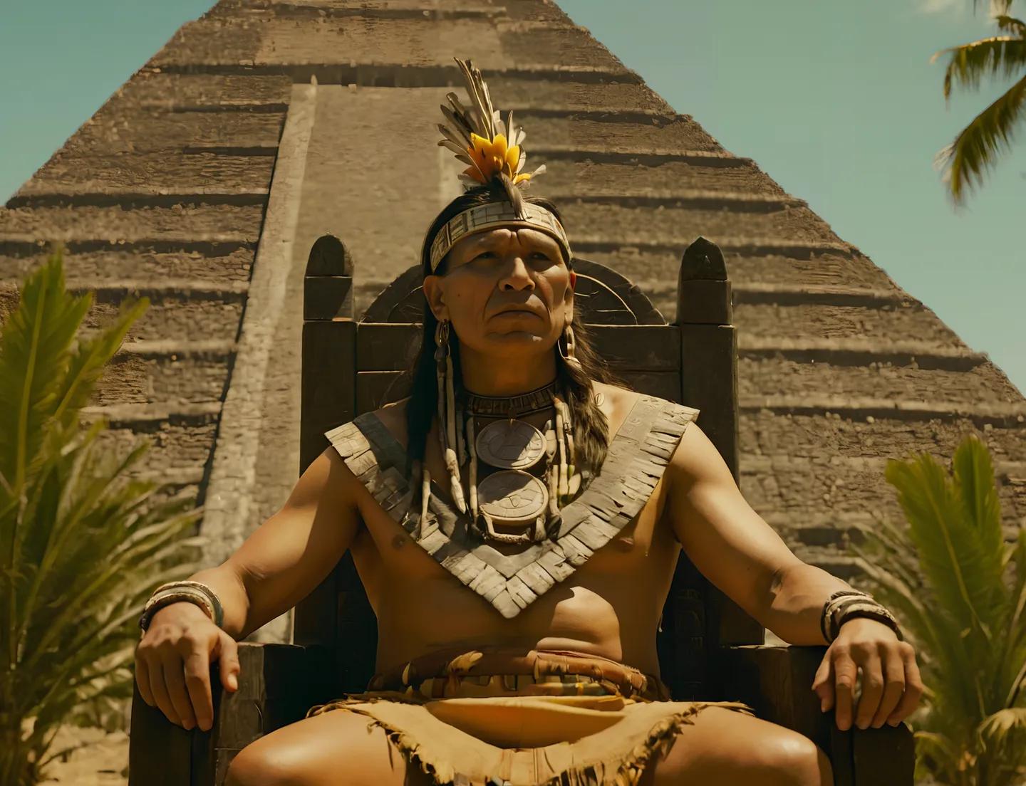 Aztec Leader Sitting on Throne with Pyramid - AI Image Gallery | Diffus