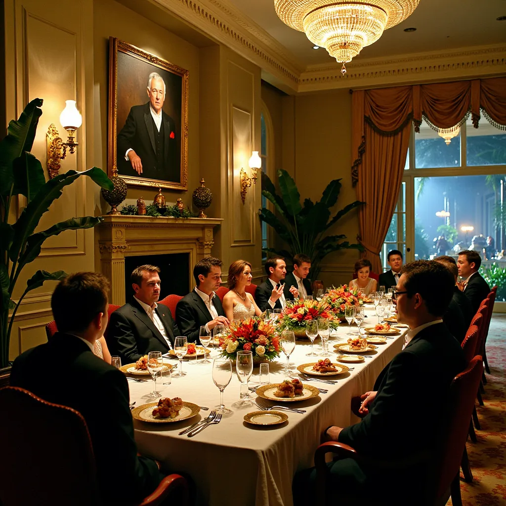 Luxurious dining hall with formal dinner and dictator portrait - AI ...