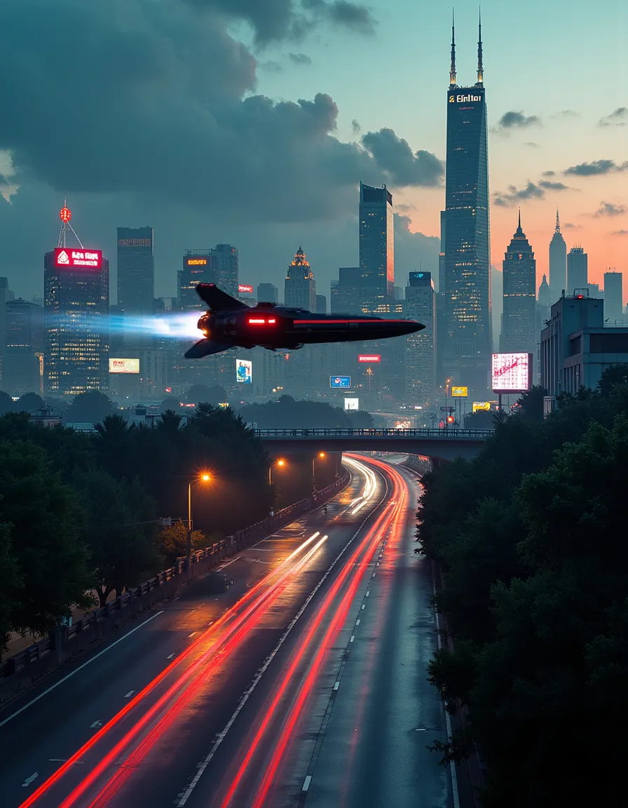 Futuristic City Highway with Flying Spaceship - AI Image Gallery | Diffus