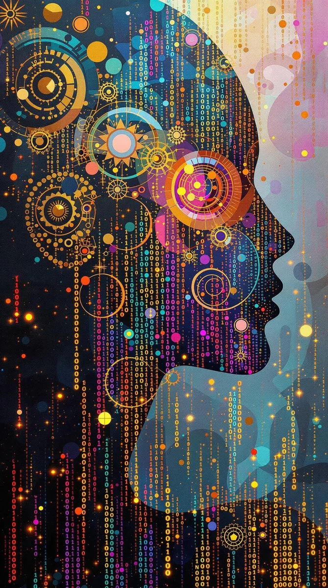 Digital Silhouette with Vibrant Binary Code - AI Image Gallery | Diffus