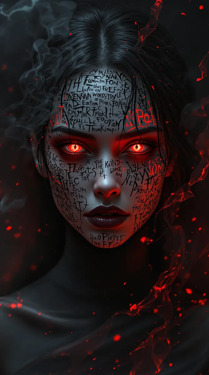 Hyper-realistic portrait with crimson eyes and dark inscriptions - AI ...