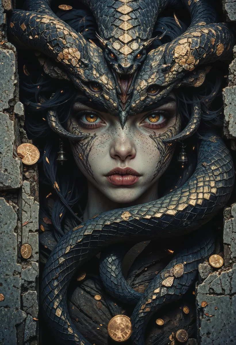 Gorgon with Serpentine Hair and Golden Eyes - AI Image Gallery | Diffus