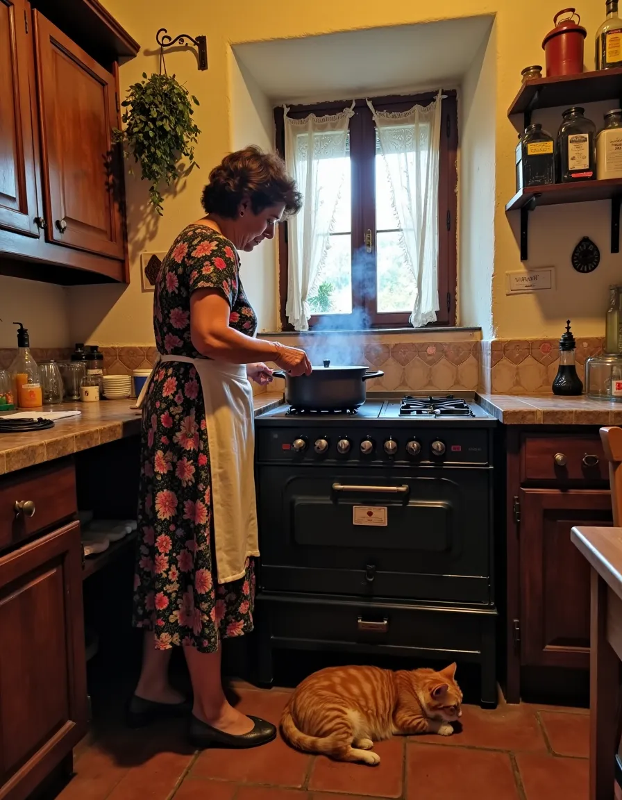 Italian Kitchen Woman Cooking with Cat - AI Image Gallery | Diffus